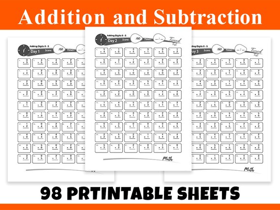 Timed Test Math Addition Printable 98 Practice Sheets Single - Etsy