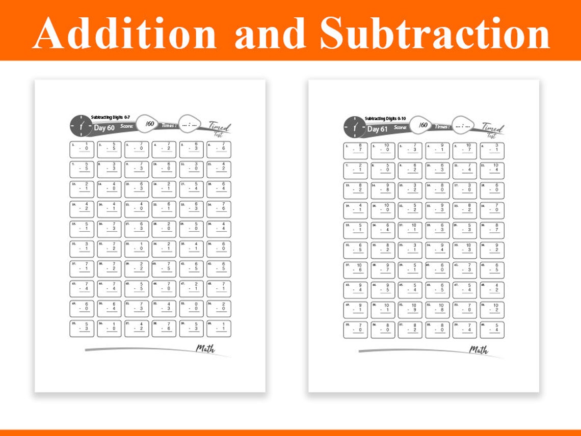 Timed Test Math Addition Printable 98 Practice Sheets Single and Double ...