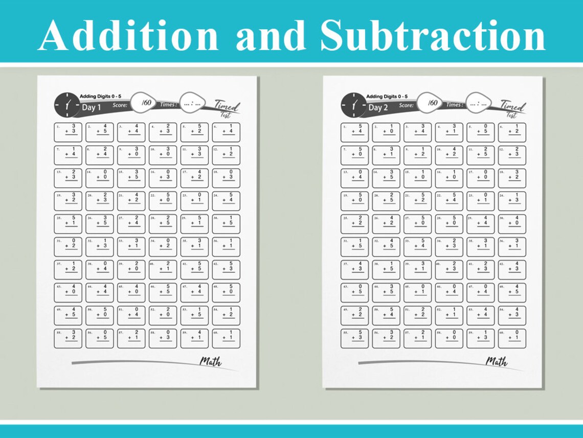 Timed Test Math Addition Printable 98 Practice Sheets Single and Double ...
