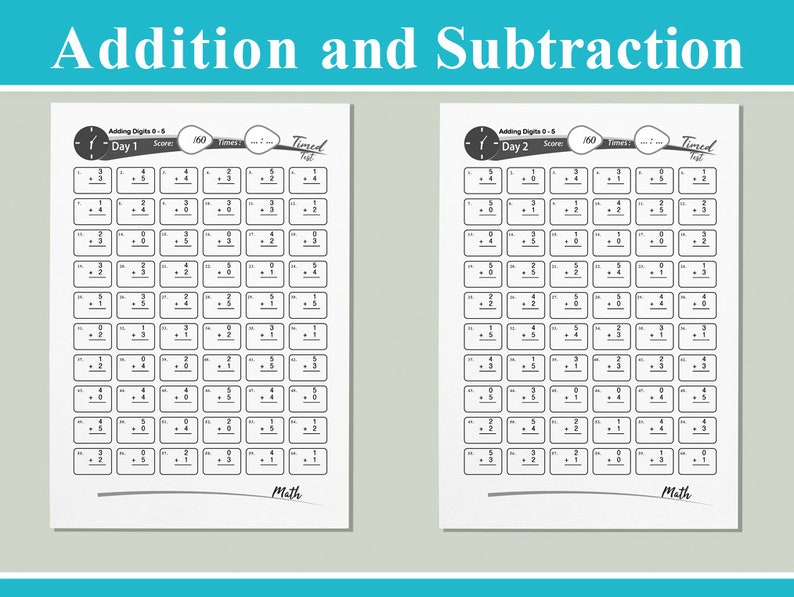 Timed Test Math Addition Printable 98 Practice Sheets Single and Double ...