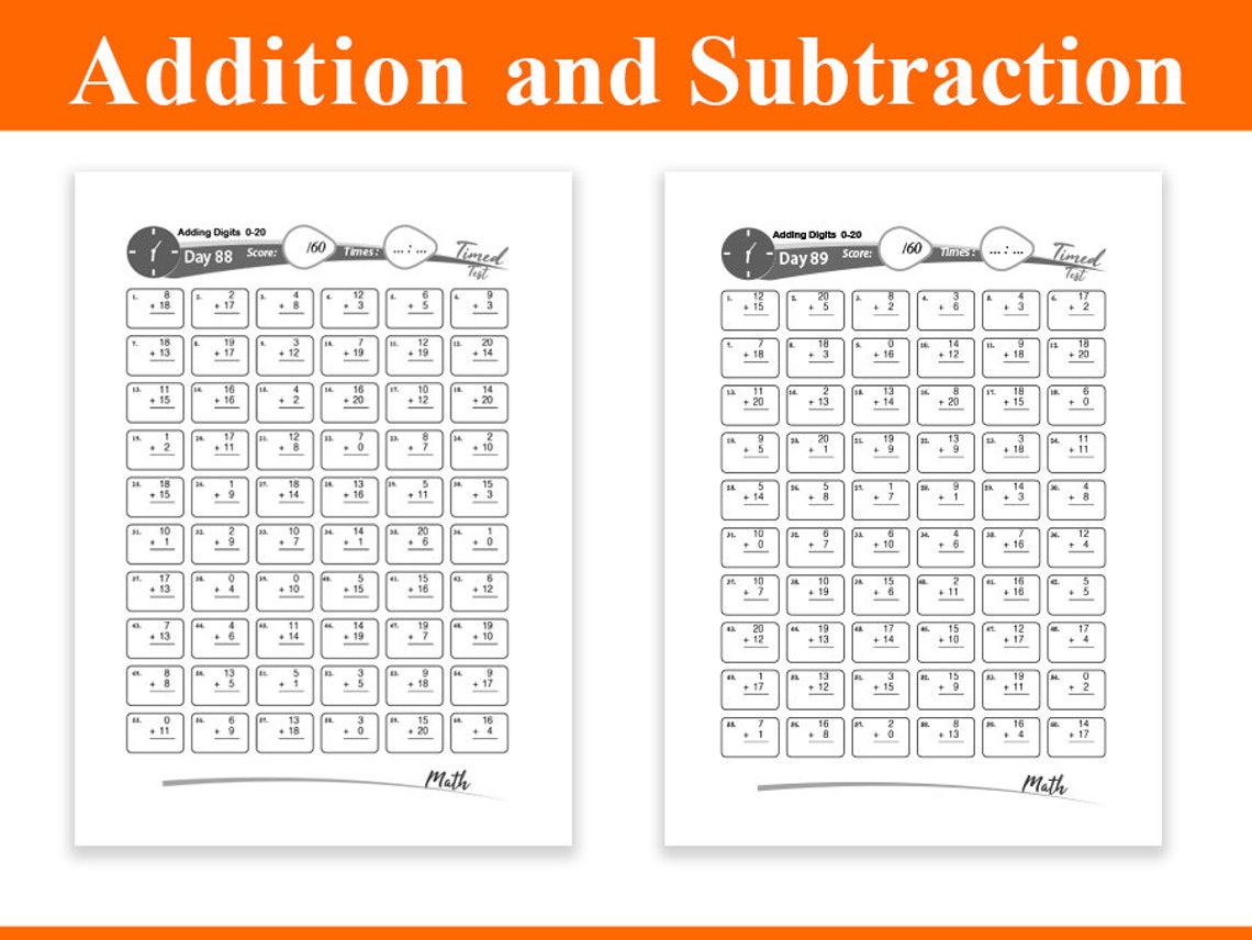 Timed Test Math Addition Printable 98 Practice Sheets Single and Double ...