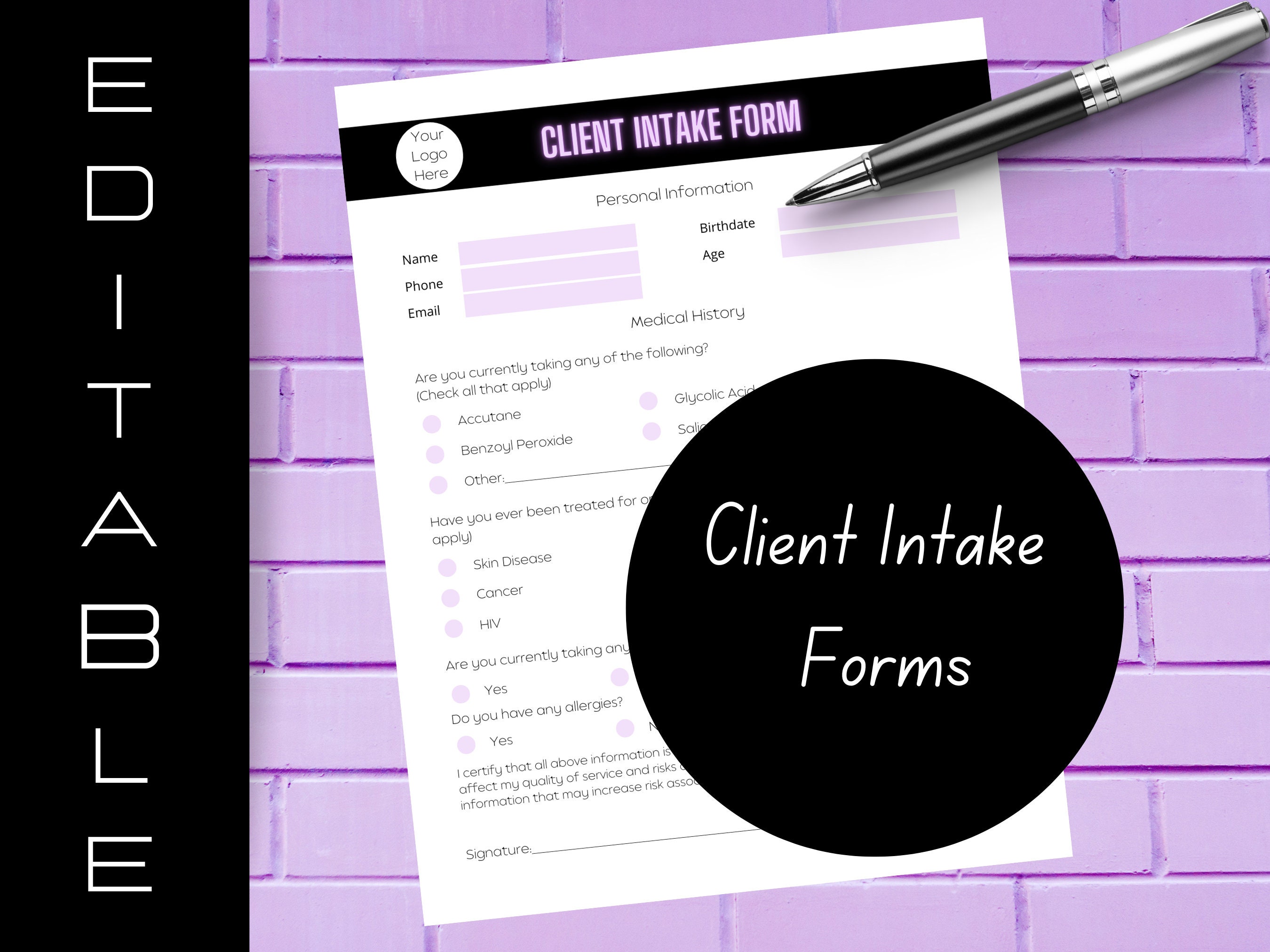 Editable Client Intake Form, Purple, Beauty Salon Form - Etsy