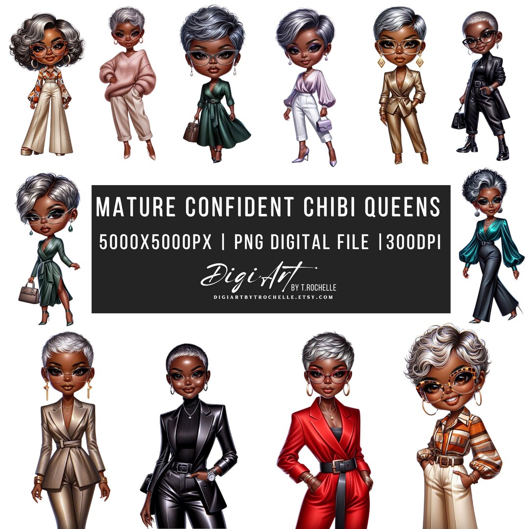 12 Mature Confident Chibi Queens Clipart Bundle PNG | Digital Clipart ...