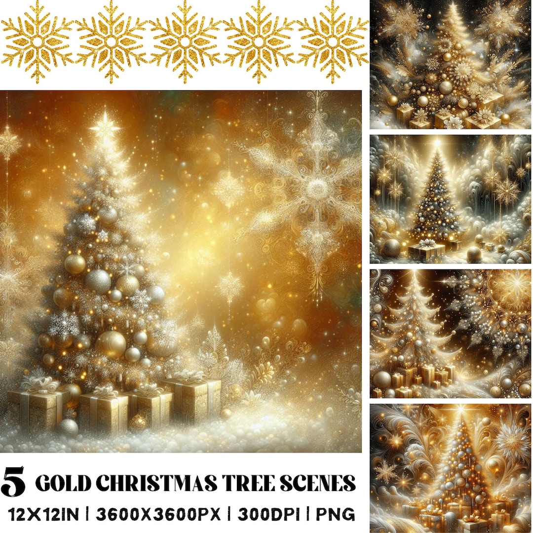 Gold Christmas Tree Scenes PNG || Christmas Decor || Festive Art ...