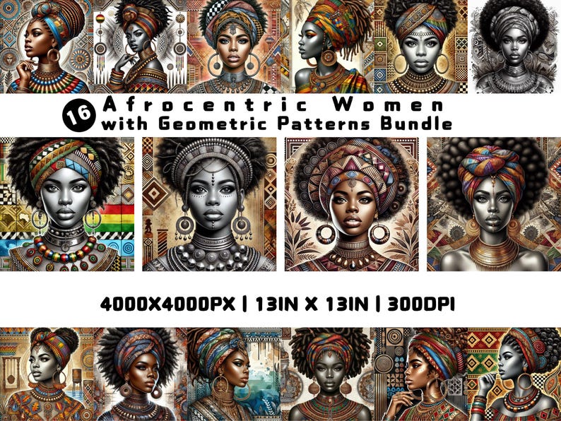Afrocentric Women Portrait PNG Bundle | Geometric Patterns (digital ...