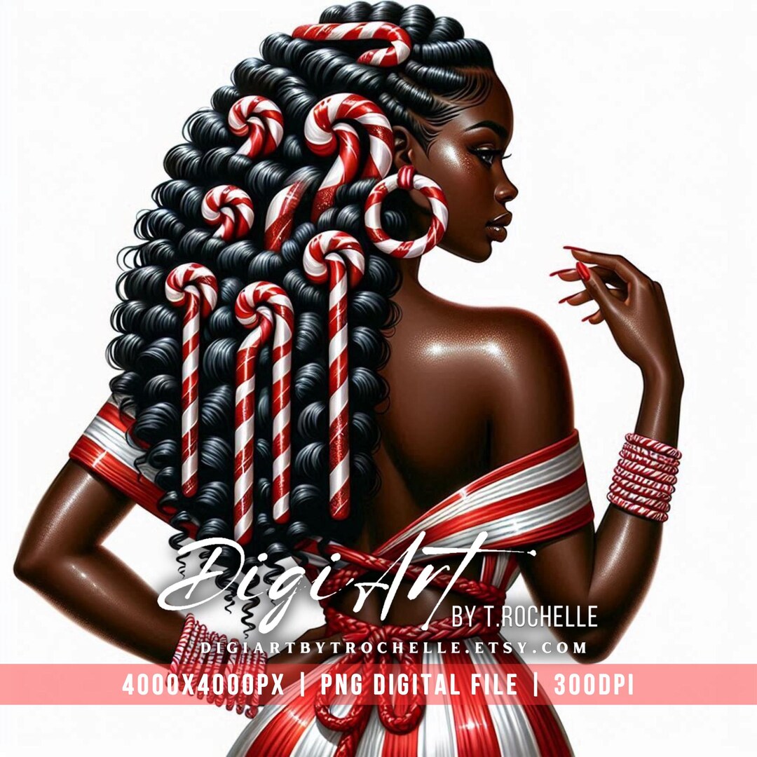 Christmas Candy Cane Queen PNG | Afro Holiday Fashion Clipart | Red ...