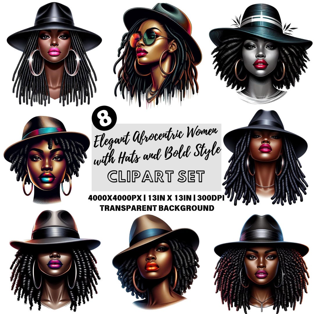 8 Elegant Afrocentric Women With Hats and Bold Style Clipart Set ...