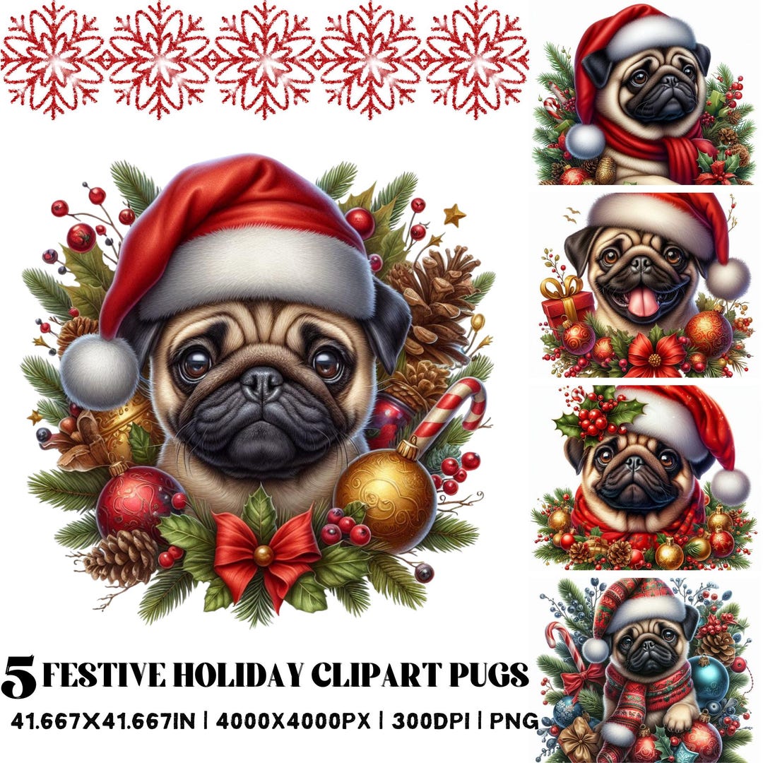 Festive Holiday Clipart Pugs PNG || Christmas Decor || Festive Art ...
