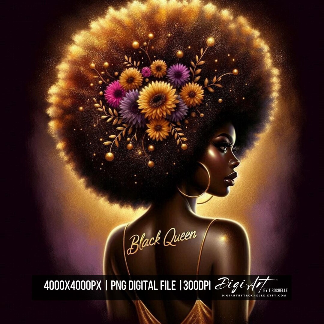 Black Queen Afro Digital Art PNG | Melanin Magic | Woman Floral Crown ...