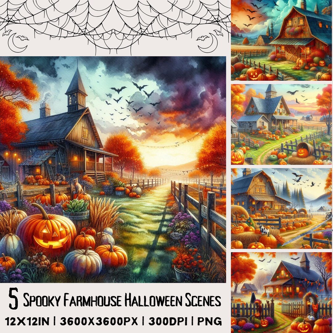 Spooky Farmhouse Halloween Scenes PNG || Fall Decor || Halloween ...
