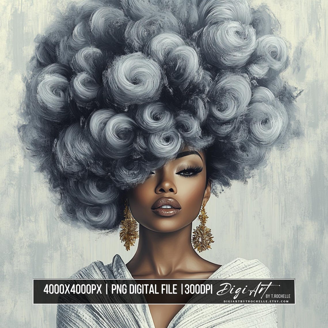 Silver Swirl Afro Glam Woman Digital Art PNG | Bold Hair Art | Art for ...