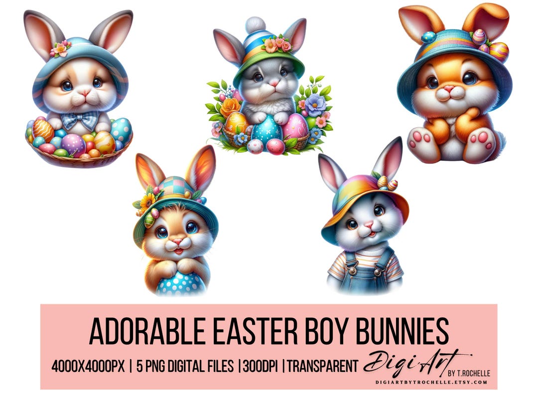 5 Adorable Easter Boy Bunnies PNG Clipart | Bunnies With Hats | Easter ...