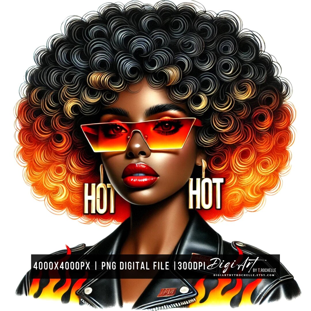 Flame Curls & Hot Earrings Woman Digital Art PNG | Bold Curly Hair Art ...