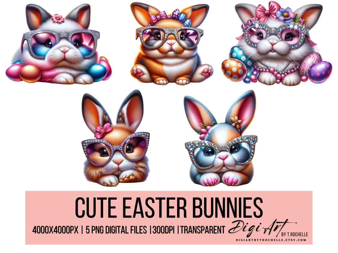 5 Cute Easter Bunnies PNG Clipart | Bunnies With Glasses | Easter ...