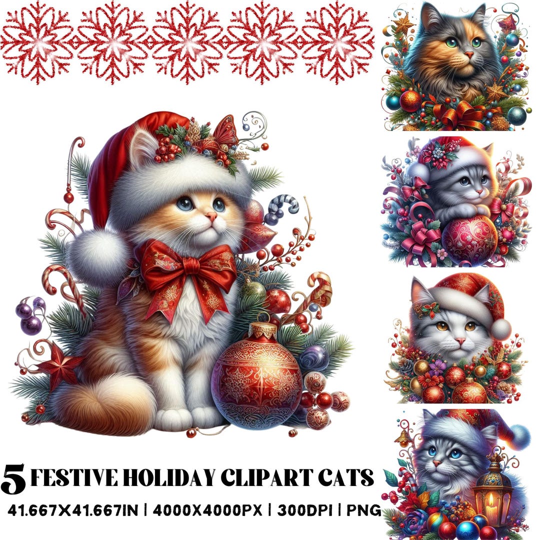 Festive Holiday Clipart Cats PNG || Christmas Decor || Festive Art ...