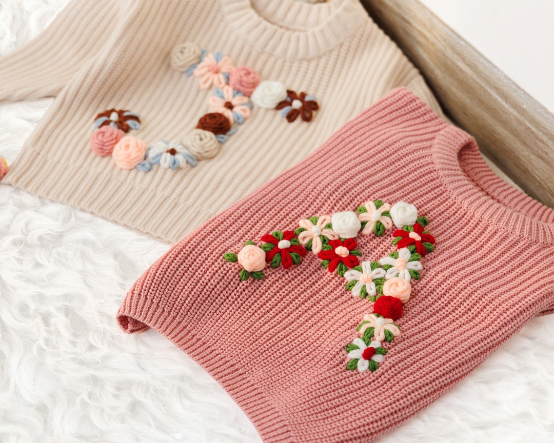 Hand Embroidered Flower Initial Sweater Personalized Baby Sweater ...