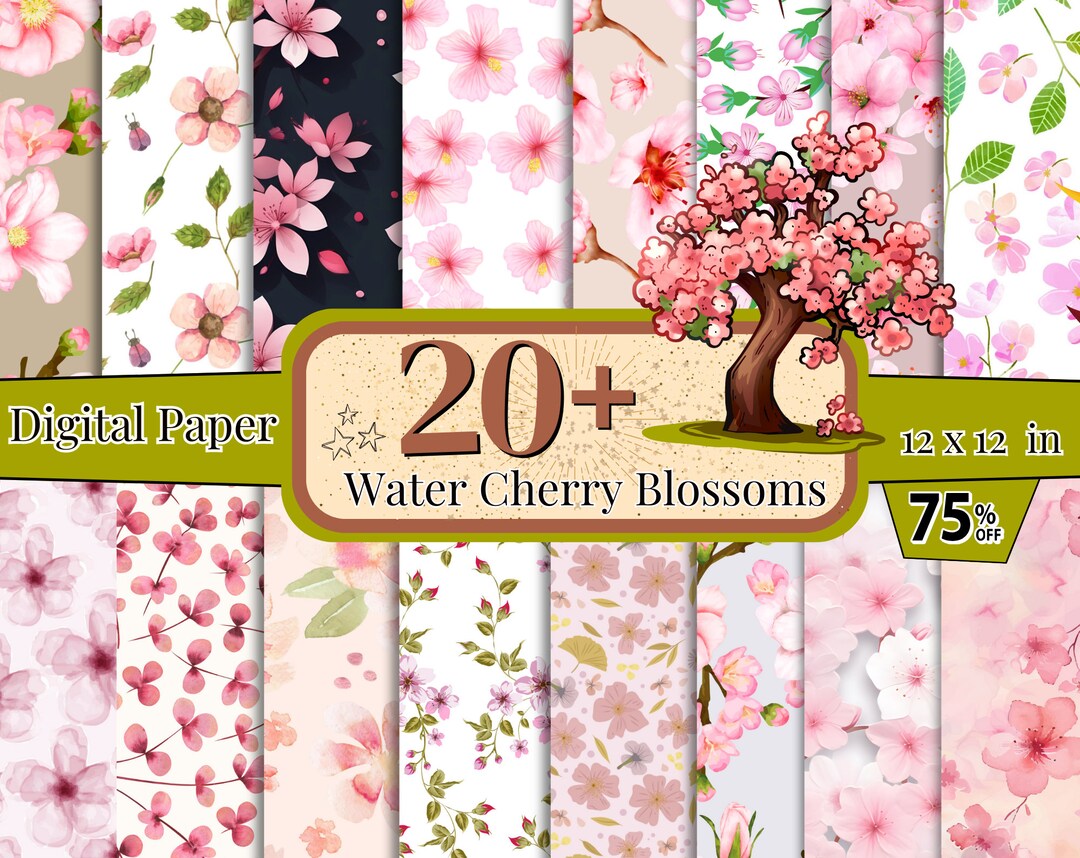 20 + Watercolor Cherry Blossoms Digital Paper, Pink Floral Background ...