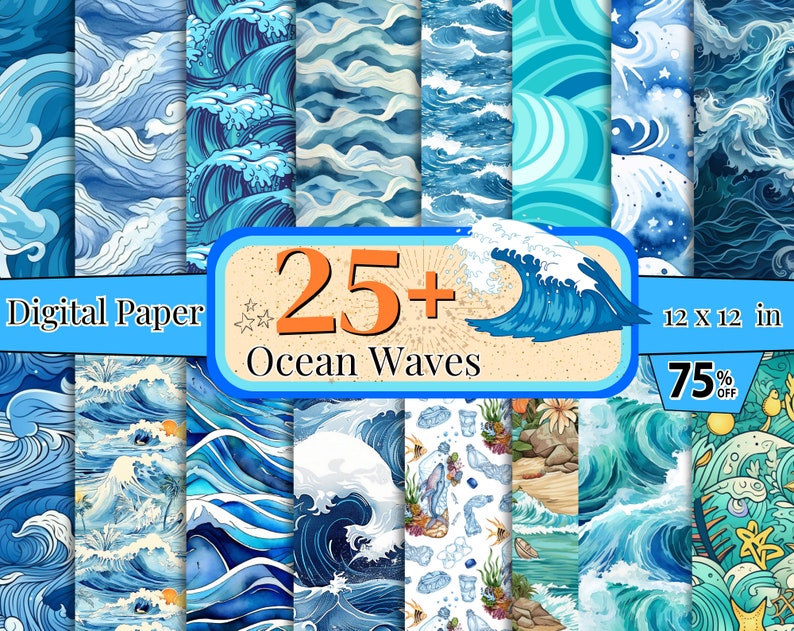 25 + Ocean Waves Digital Paper, Ocean Seamless Pattern, Blue Sea ...