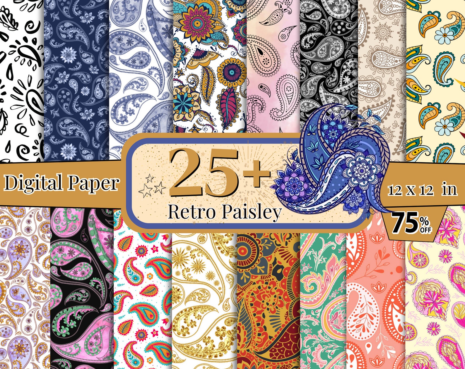25+ Retro Paisley Digital Paper Bundle, Seamless Paisley Pattern ...