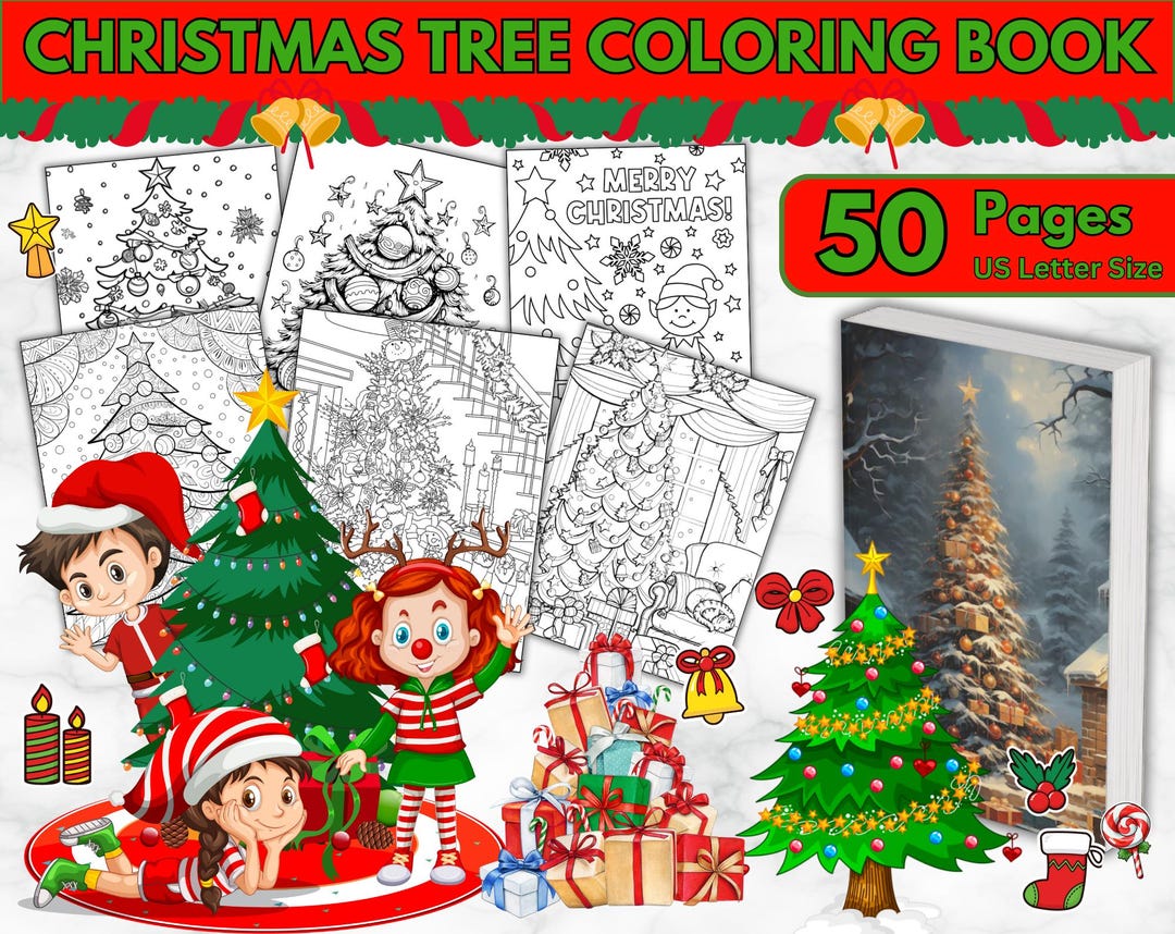 50 + Christmas Tree Coloring Book Pages, Xmas Season Coloring Book ...