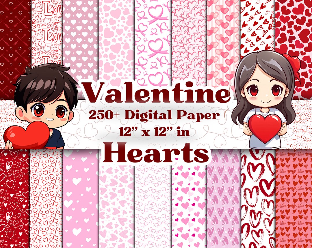 250 Valentine Hearts Digital Papers Pack, Valentines Themed Digital ...