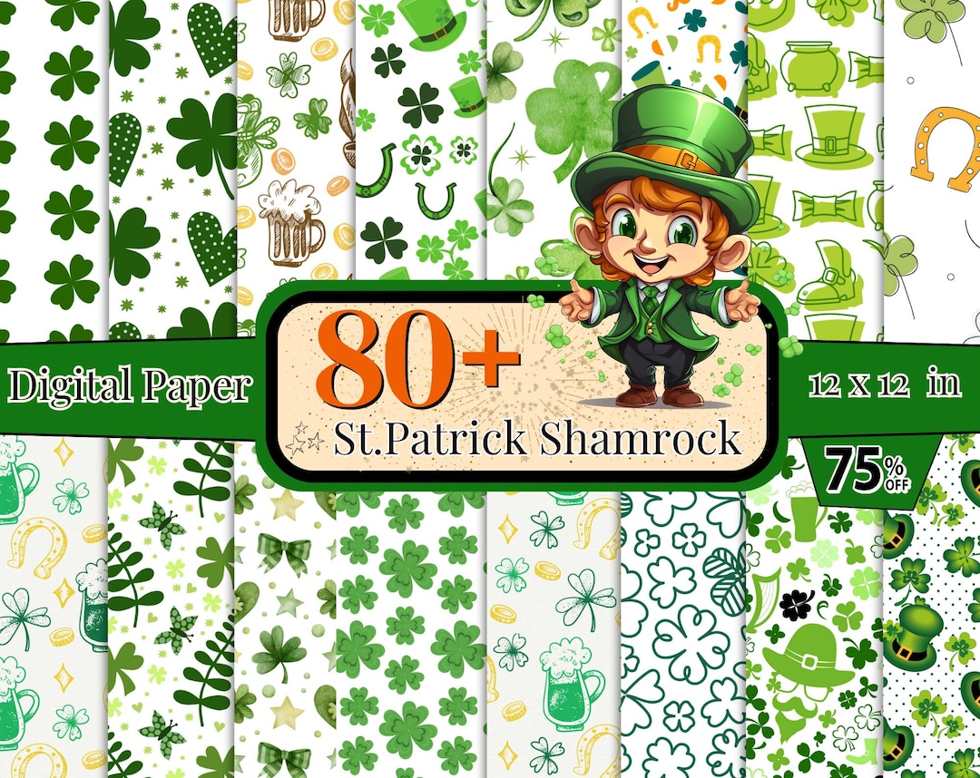 80 + St Patrick Shamrock Digital Paper Pack, Shamrock Seamless Pattern ...