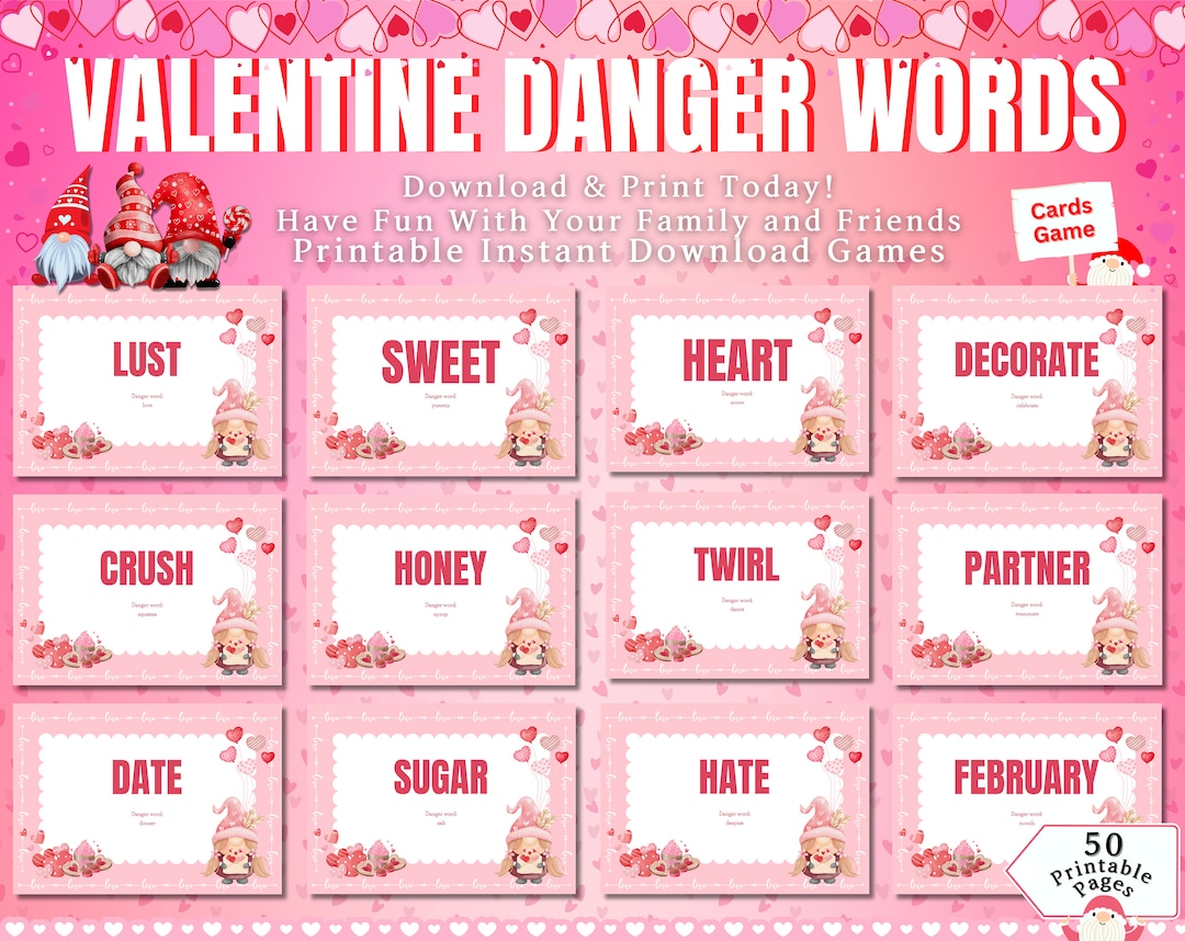 50 Valentines Danger Words, Valentines Cards Game, Valentines ...