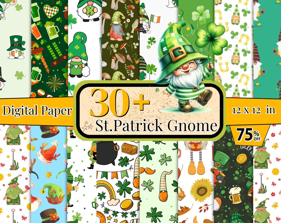 30 + St Patrick Gnome Digital Paper Pack, Seamless Pattern Paper, Gnome ...
