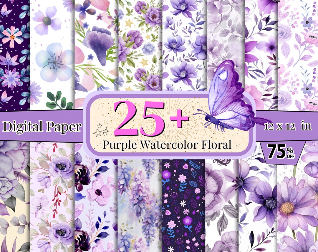25+ Purple Watercolor Floral Digital Paper Pack, Floral Background ...