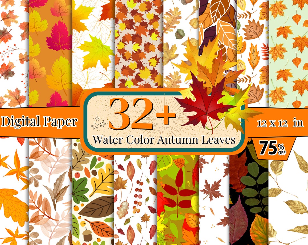 32 Watercolor Autumn Leaves Digital Paper, Fall Scrapbook, Floral ...
