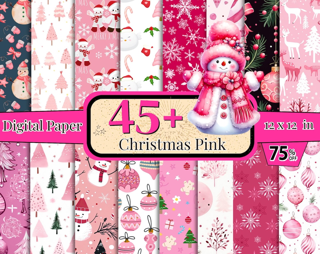 45 + Christmas Pink Digital Paper Pack, Pink Seamless Pattern, Snow Man ...