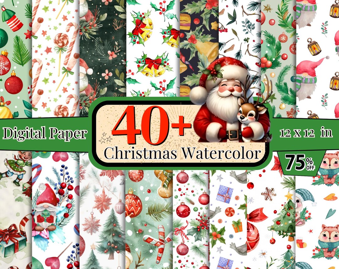 40 + Christmas Watercolor Digital Paper, Floral Christmas Pattern ...