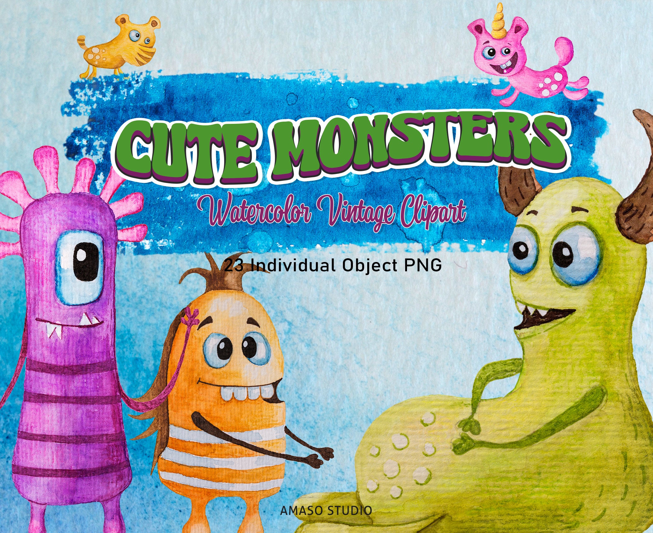 Cute Monster Watercolor Clipart High Resolution Pngs - Etsy