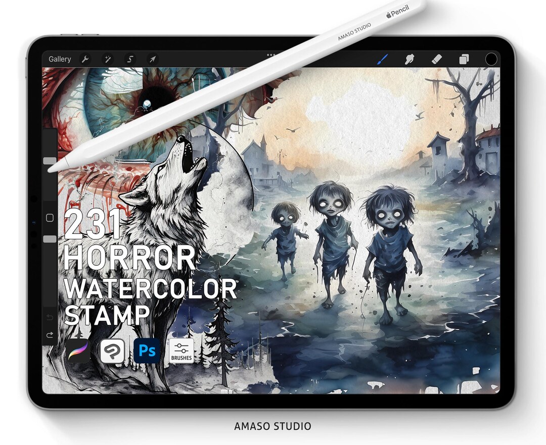 Horror Watercolor Stamp Set for Procreate, Photoshop Brush and Clip ...