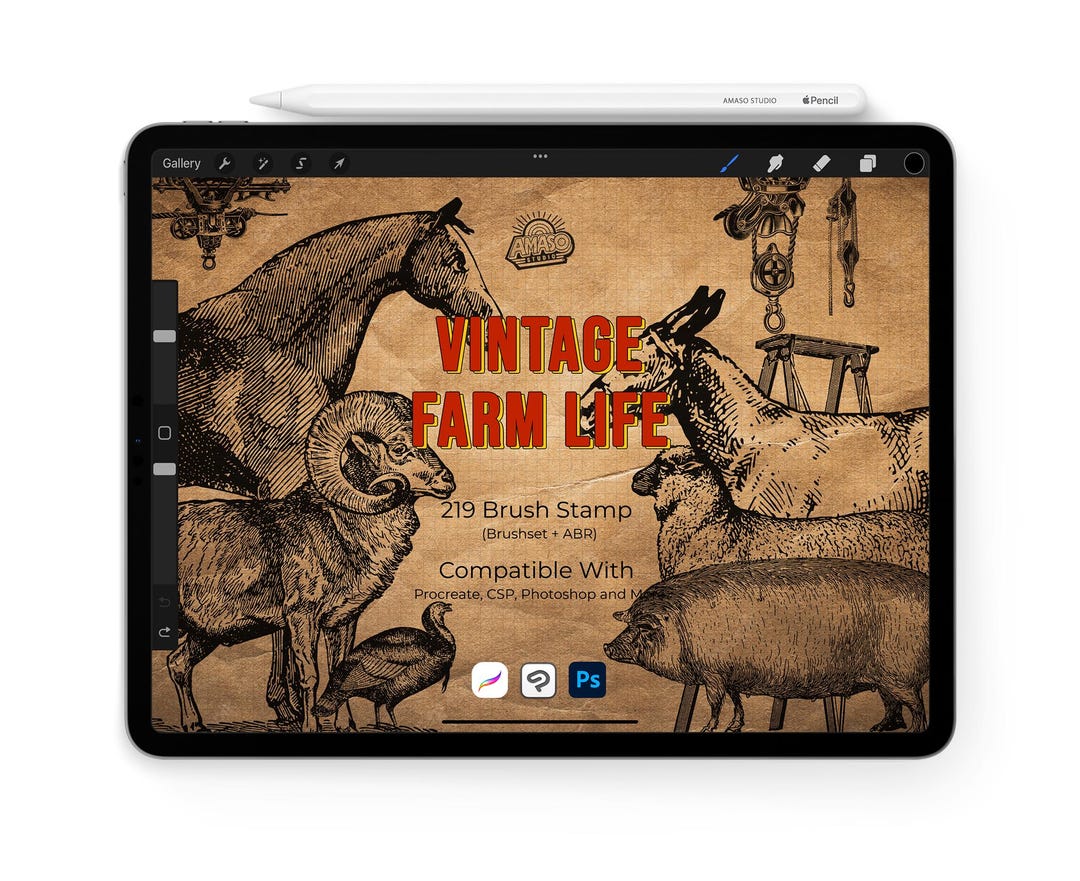Vintage Farm Life Stamp Brush for Procreate | Farm Animals Illustration ...