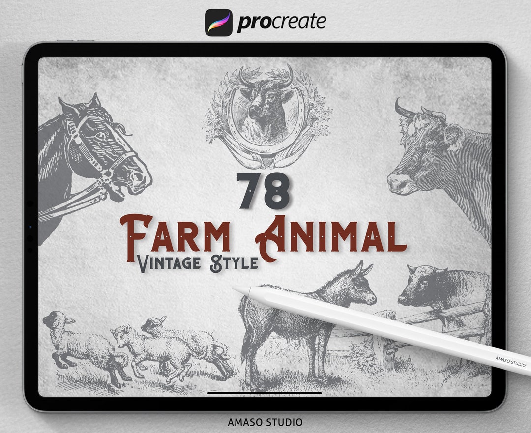 Farm Animals Vintage Style Procreate Stamp, Animal Illustration for ...