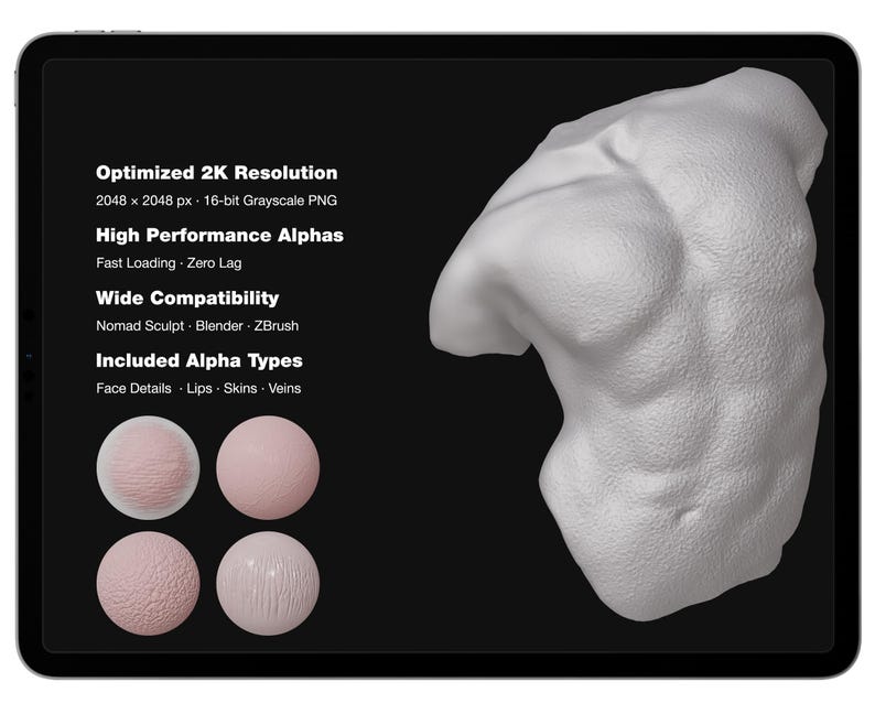 Skin Anatomy Alphas for Nomad Sculpt Blender Zbrush | Character Detail ...