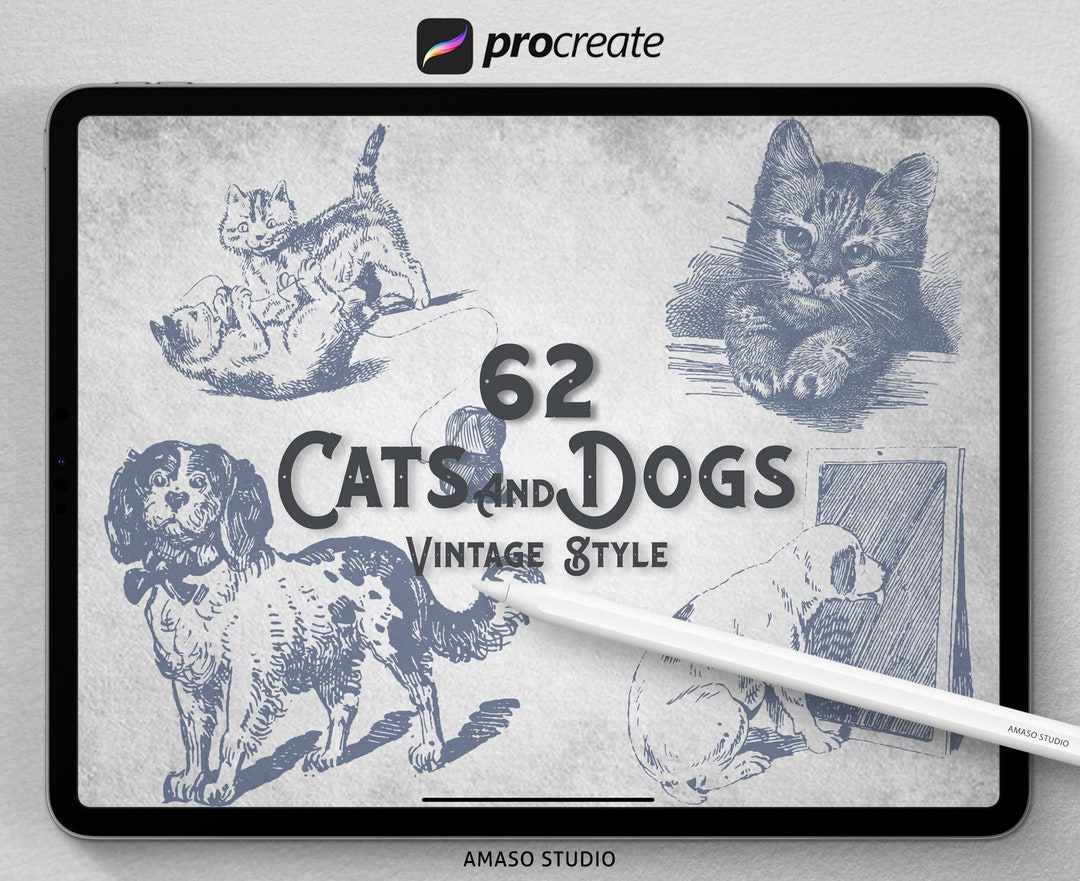 Cats and Dogs Vintage Style Procreate Stamp, Cats and Dogs Illustration ...