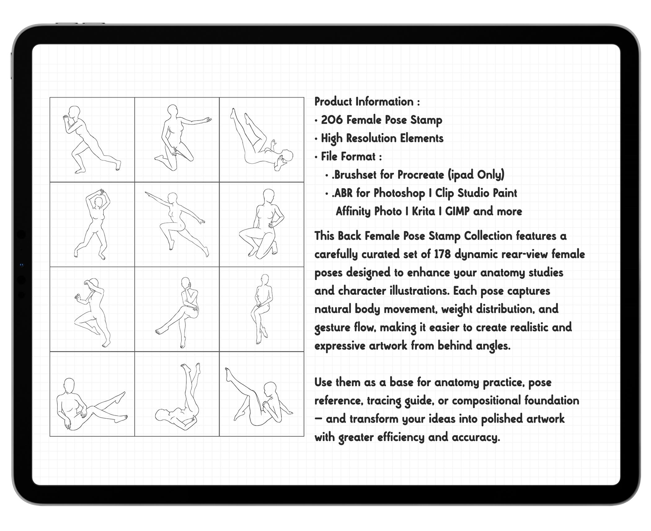 Female Drawing Pose Stamps | 206 Figure Reference Brushes (procreate ...