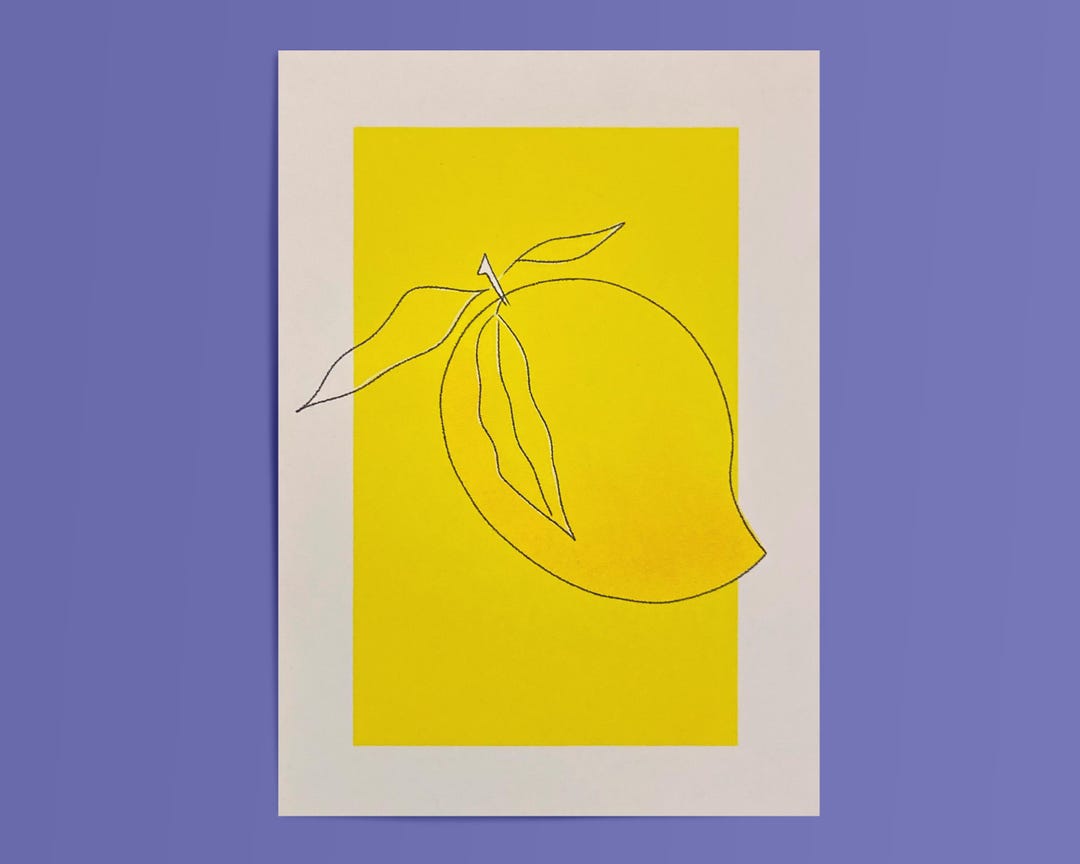 Mango Line Drawing on a Fluoro Yellow Background - Risograph A6 Print ...