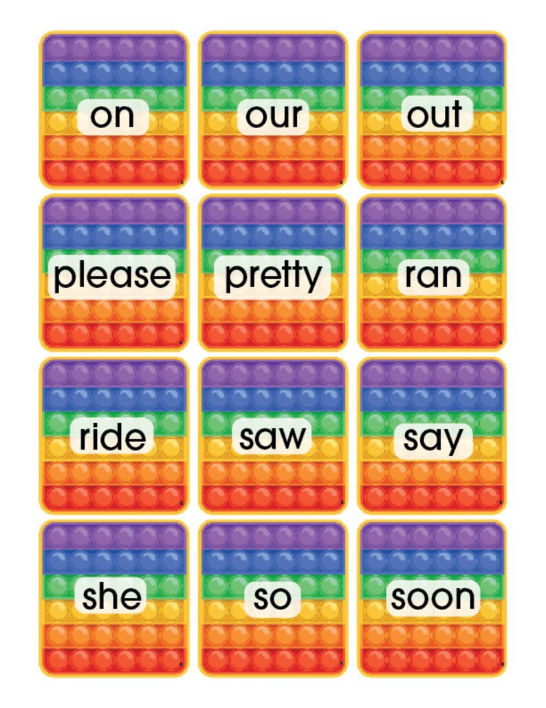 Pop-it! Kindergarten Dolch Sight Word Flash Cards Digital Download - Etsy