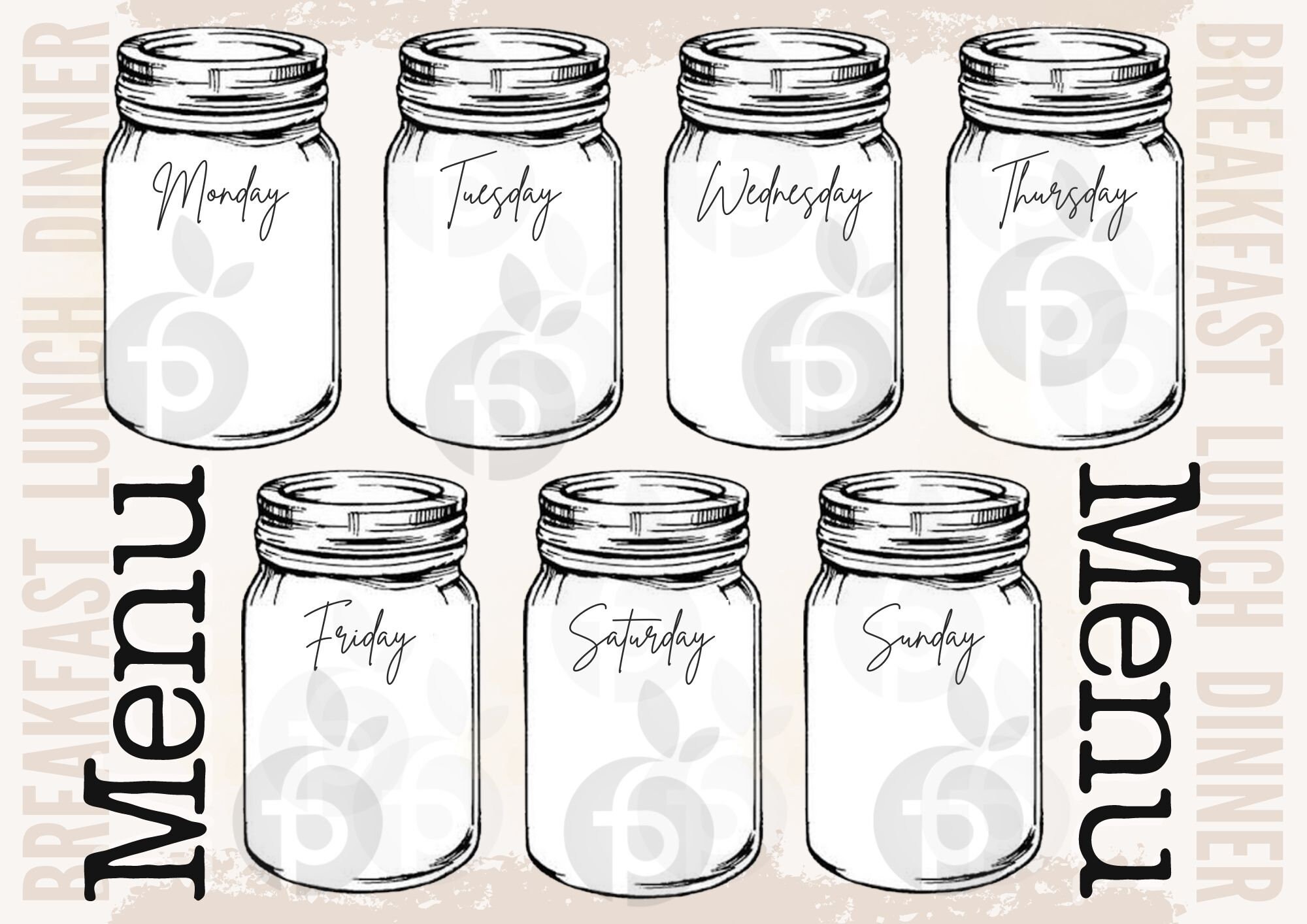 Mason Jar Menu Planner, Meal Planner, Weekly Planner, Mason Jar Planner ...