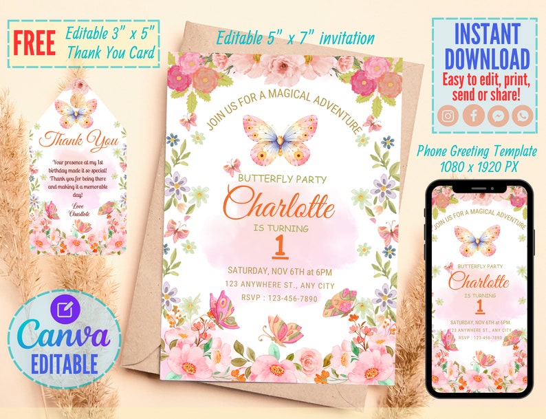 Butterfly Birthday Invitation for Girls Birthday Invite Template ...