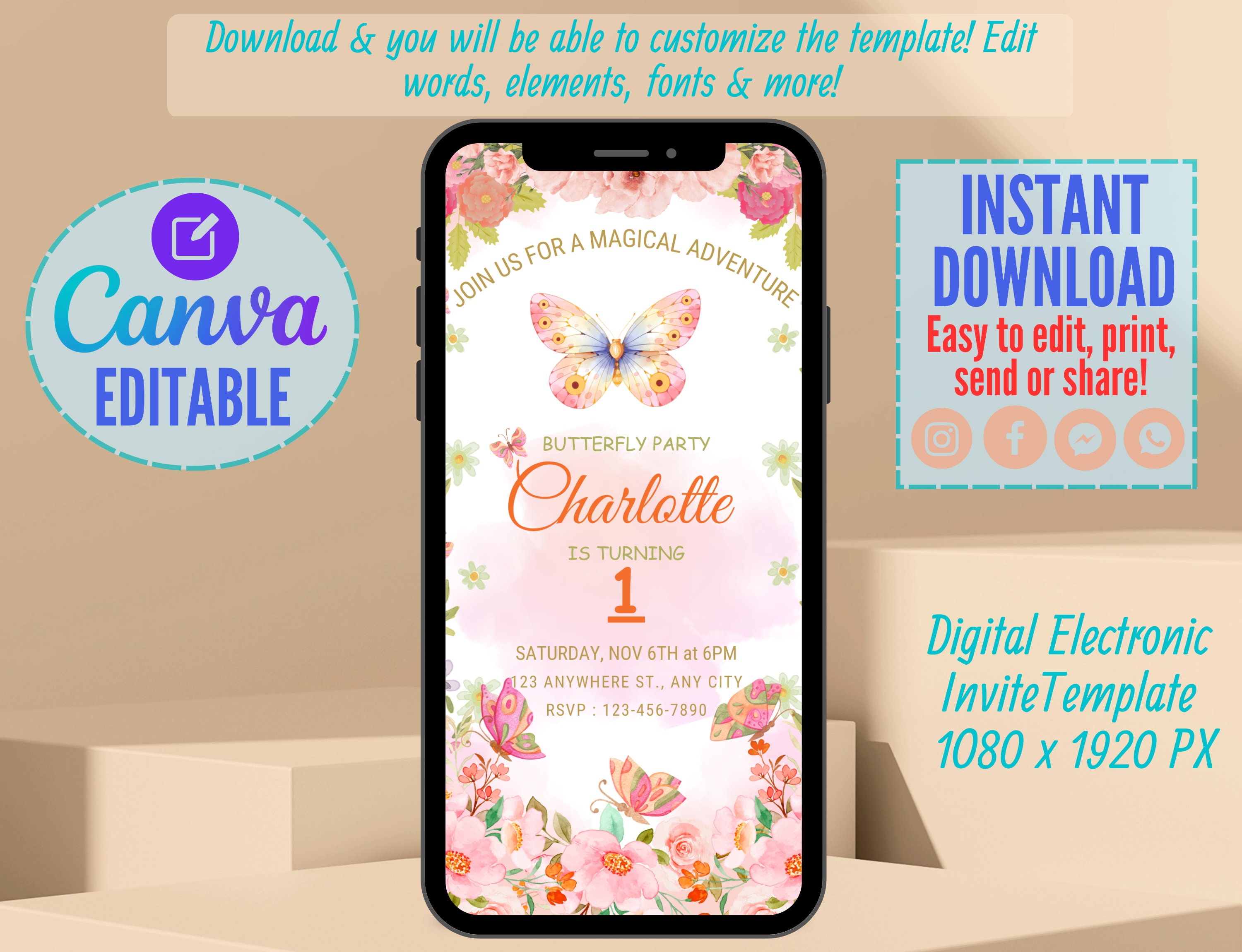 DIY Editable Butterfly Invitation Template Electronic Invitation ...