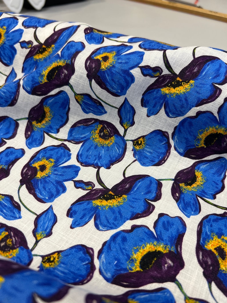 Italian Pure Linen High Quality Premium Fabric/ Designer Floral Poppies ...