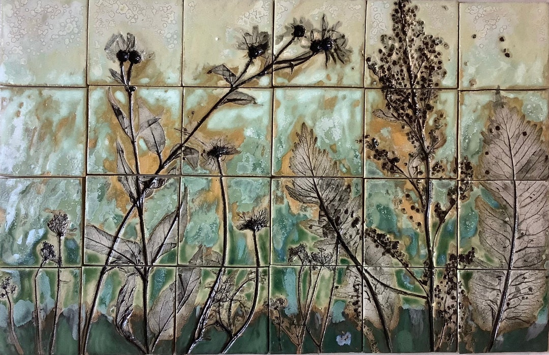 Summer Meadow III Tile Set,handmade Ceramic Tiles, Plant Motif,hand ...