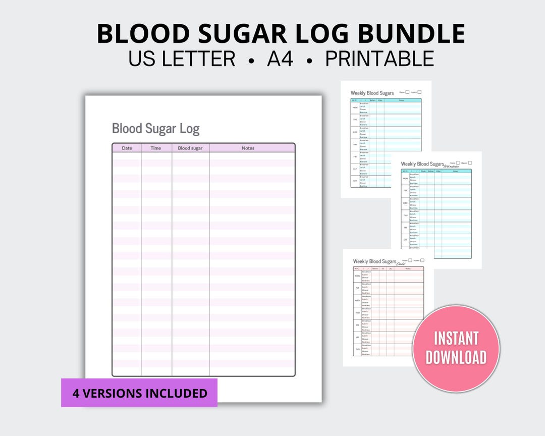 Blood Sugar Log Printable | Blood Glucose Tracker | Weekly Diabetes ...