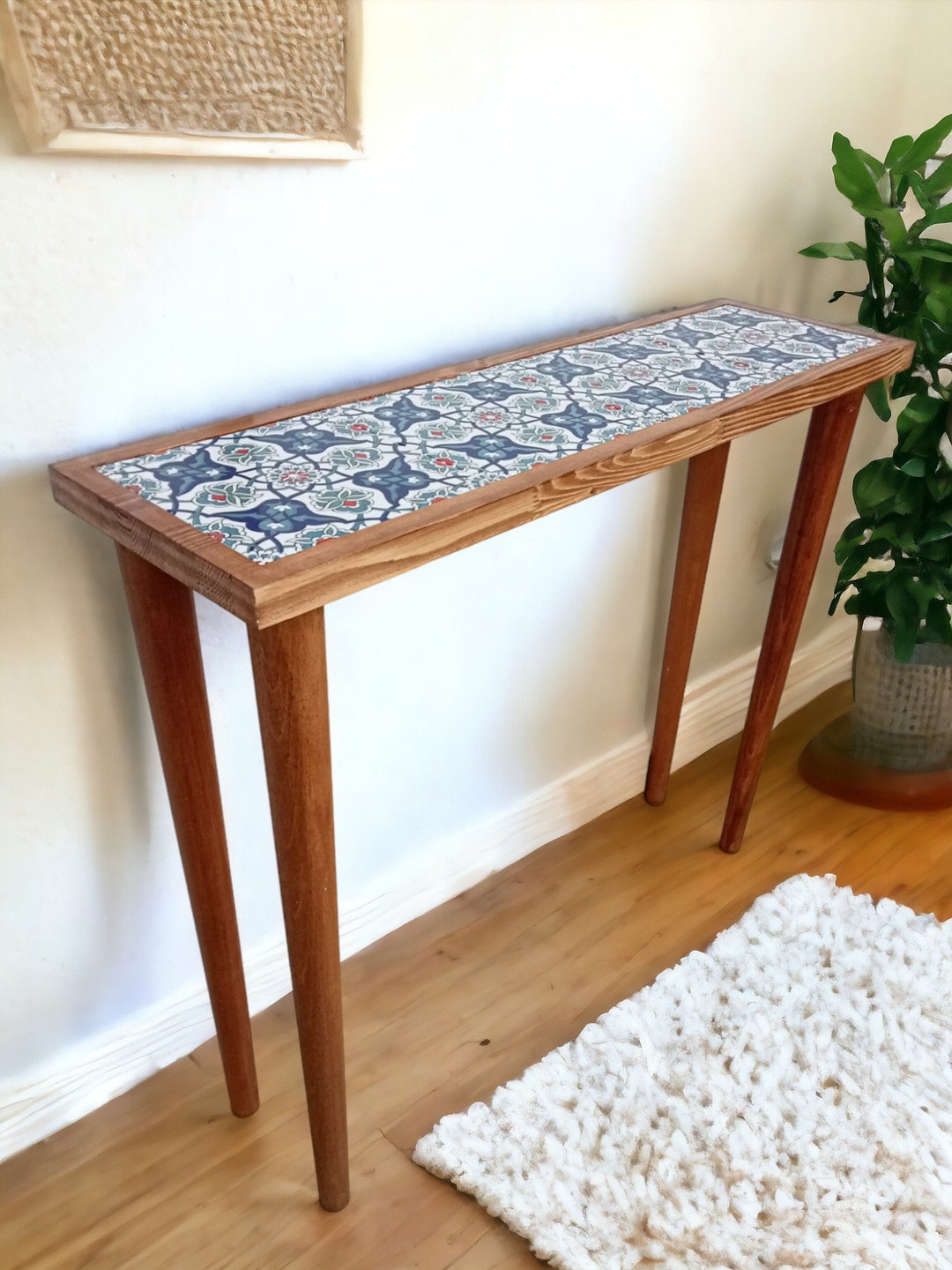 Tile Embedded in Wood Table, Entrance Table, Ottoman Tile Table ...