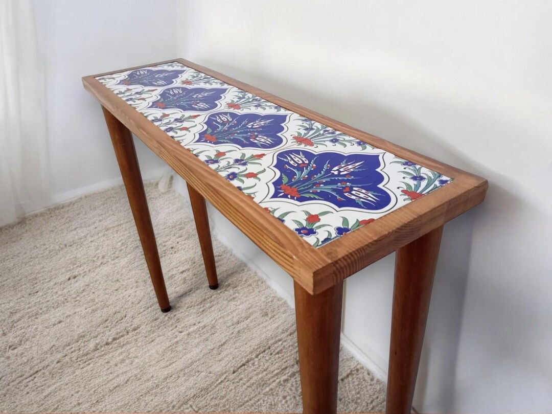 Console Tile Wood Table, Entrway Table, Ottoman Tile Table, Slim ...