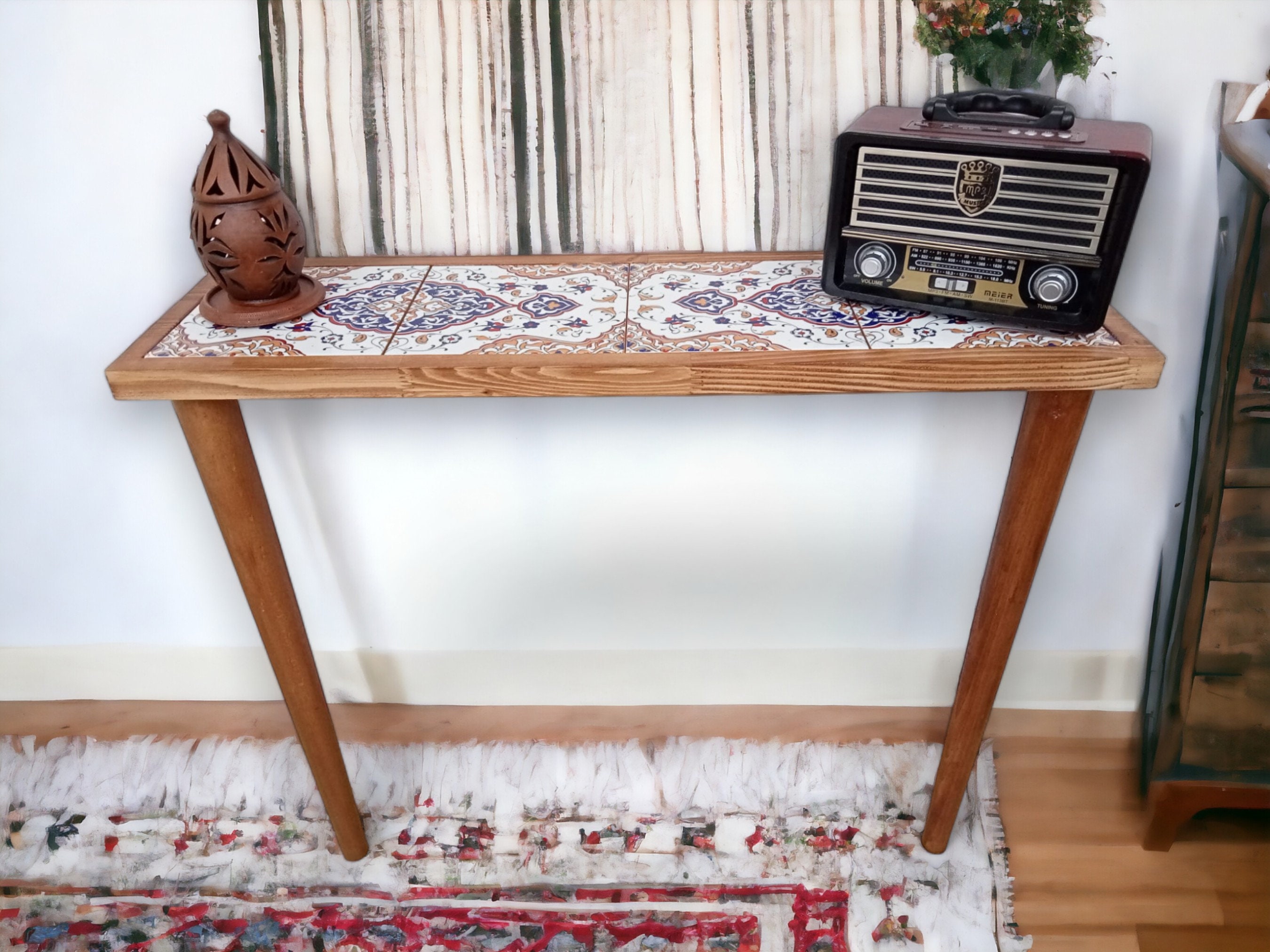 Tile Wooden Table, Ottoman Tile Table, Rustic Console Table, Slim ...